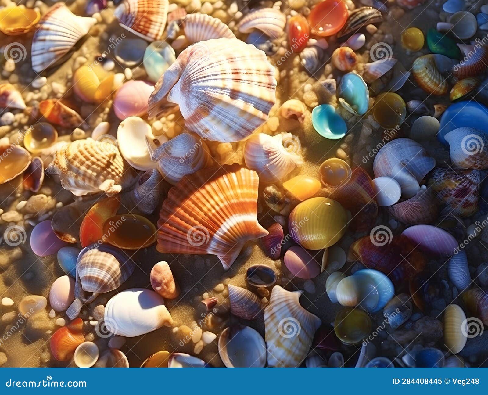 Seashore and Multi-colored 3D Shells of Various Shapes. Stock Image ...
