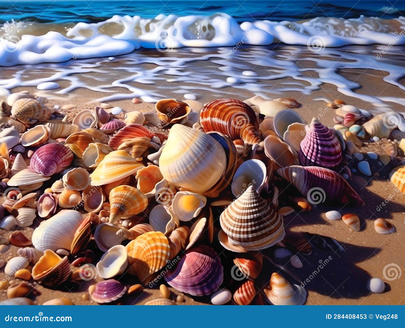 Seashore and Multi-colored 3D Shells of Various Shapes. Stock Image ...