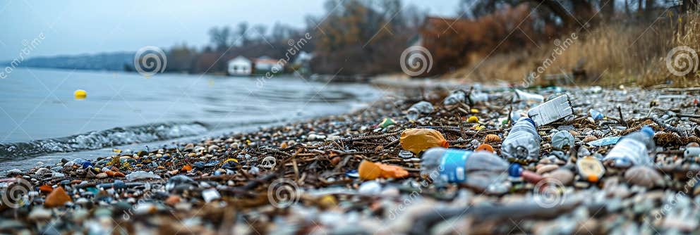Seashore Pollution Garbage on Beach with Space for Text, Highlighting ...