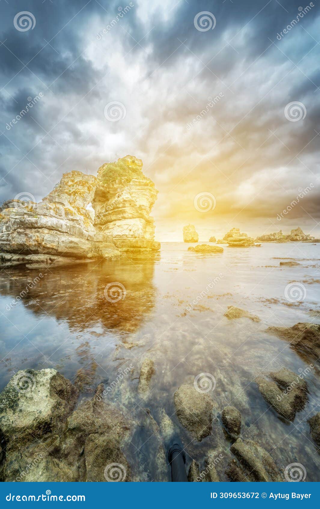 Seashore Rock Forms Sunset Colors Sunlight Stock Photo - Image of ...