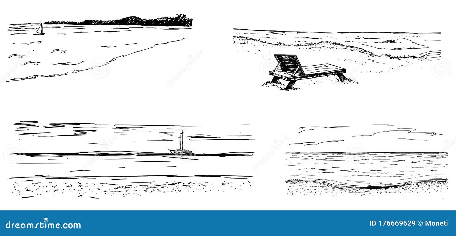 Seashore Sketch Set. Sea, Beach. Panoramic Beach View. Vector ...
