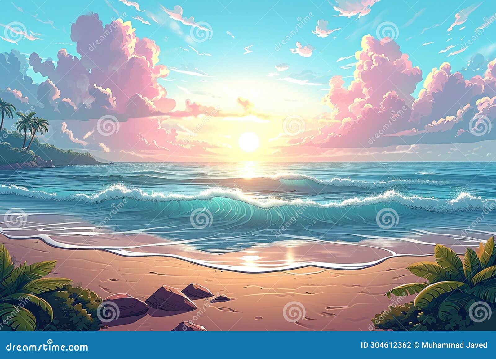 Seaside Bliss Cartoon Ocean, Waves, Sun, and Clouds in Sky Stock ...