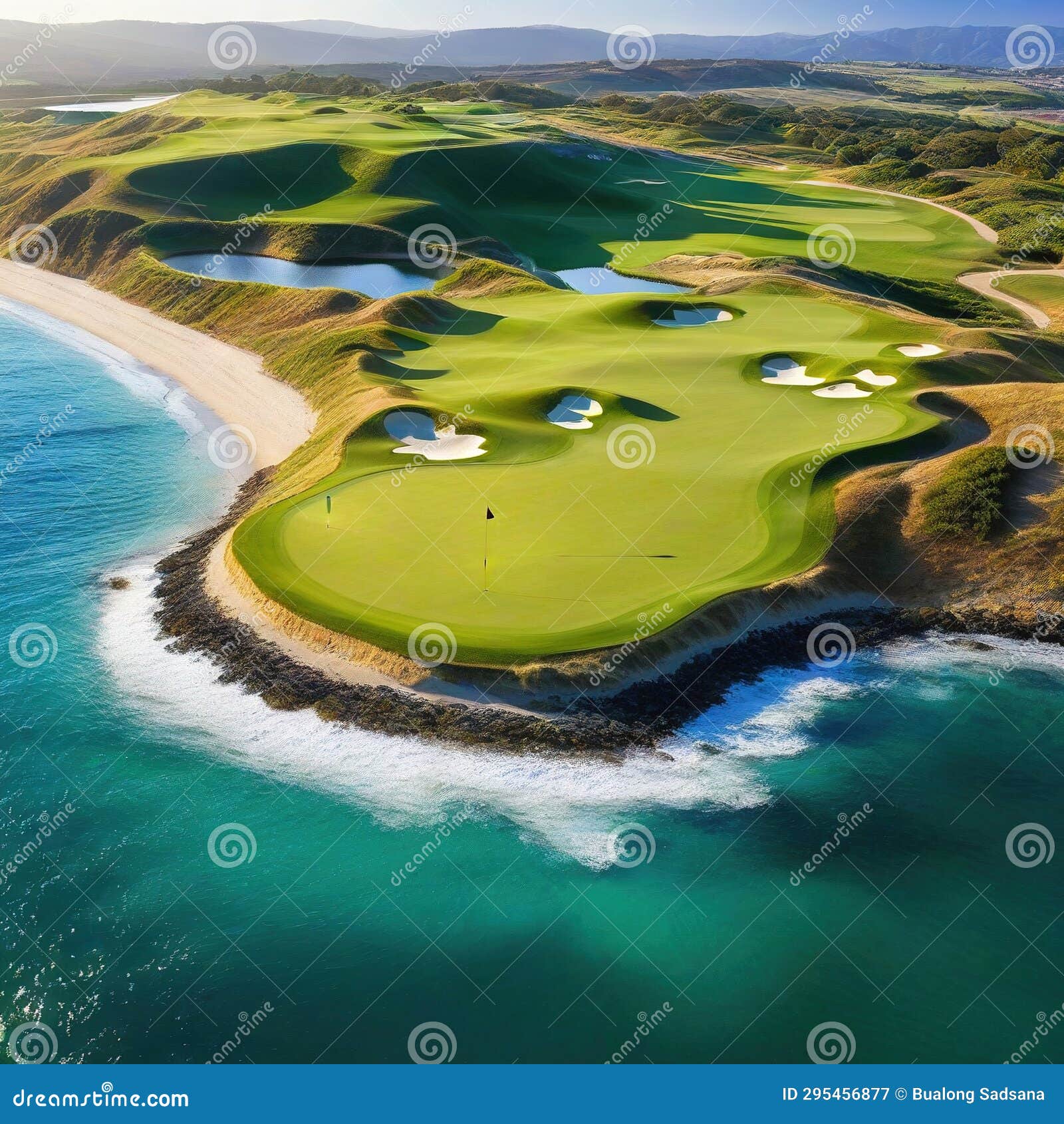 Seaside Golf Course with Rolling Hills and Blue Stock Illustration ...