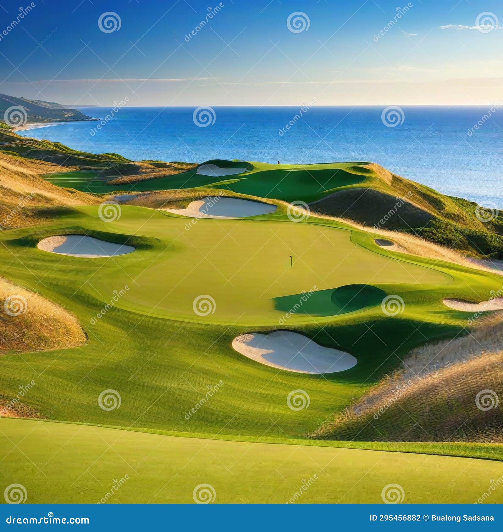 Seaside Golf Course with Rolling Hills and Blue Stock Illustration ...