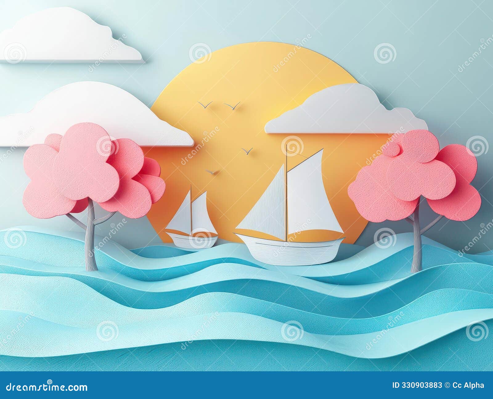 Cute Cartoon Lighthouse on a Small Island with Clouds and a Hot Air ...