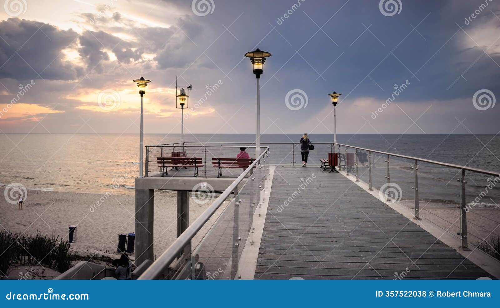 Seaside Pier With Italian Flag And Blue Flag Indicating Clean Water ...