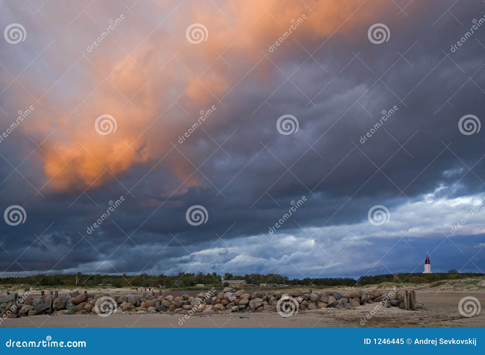 Seaside and Red Sky stock image. Image of church, rocks - 1246445