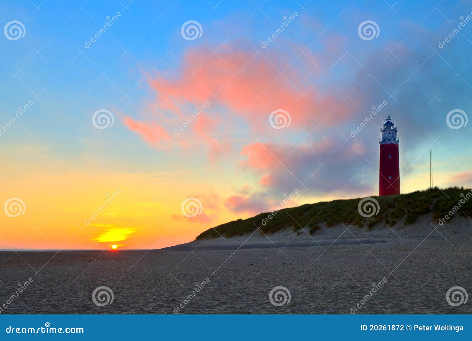 Seaside with Sand Dunes and Lighthouse at Sunset Stock Photo - Image of ...