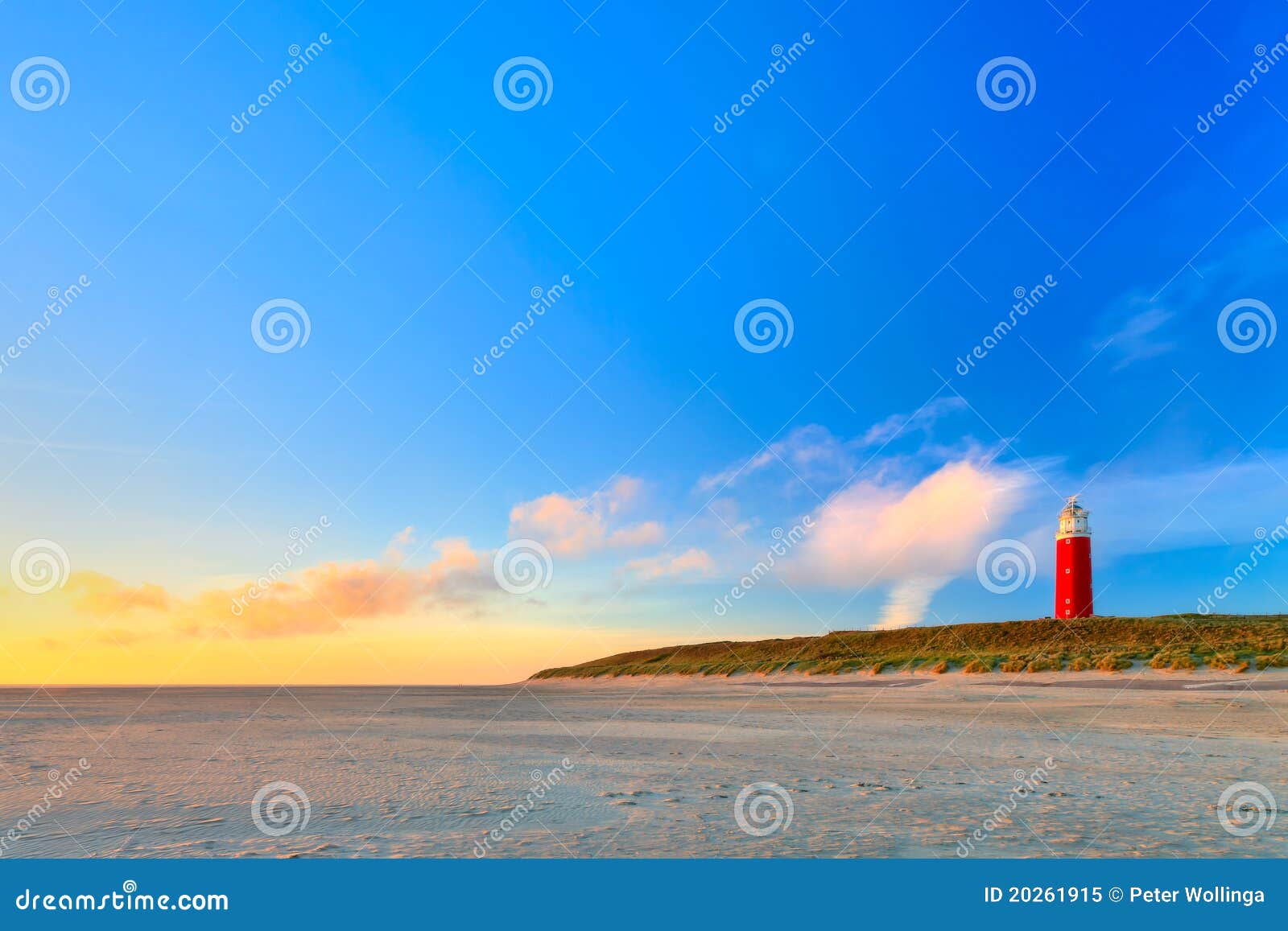 Seaside with Sand Dunes and Lighthouse at Sunset Stock Image - Image of ...