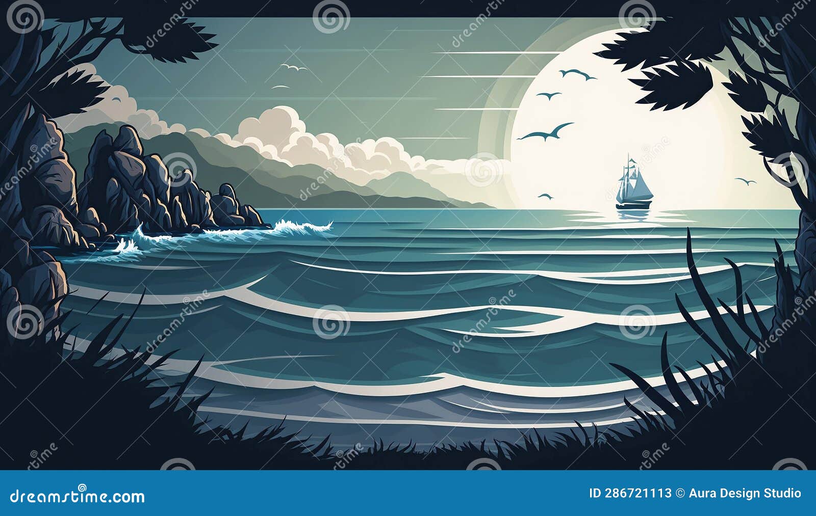 Seaside Serenity A Illustration Of A Calm Ocean. | CartoonDealer.com ... Seaside Serenity A Illustration Of A Calm Ocean. | CartoonDealer.com ...