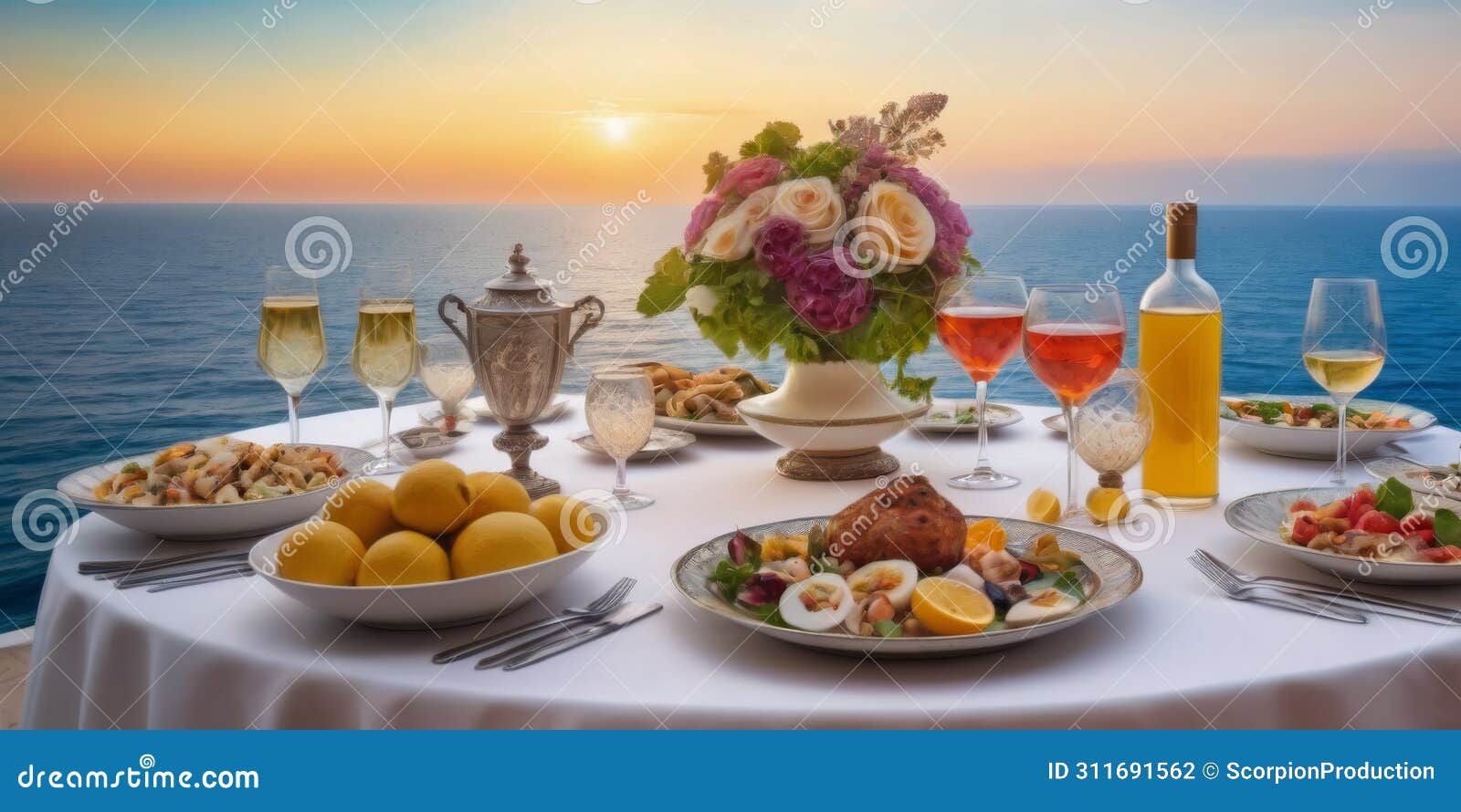 Seaside Sunset Dinner Setting Stock Photo - Image of scenery, feast ...