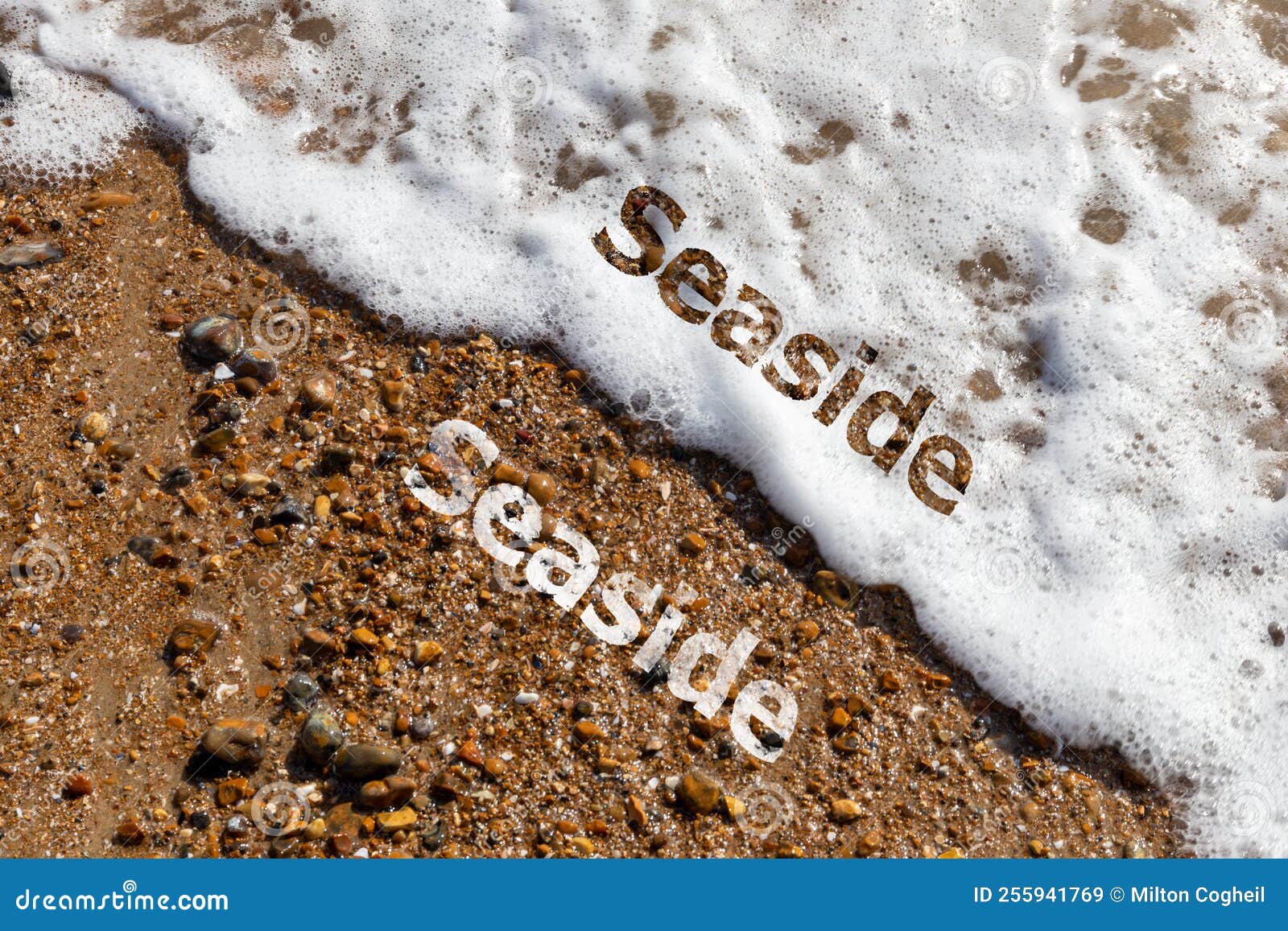 Seaside Text Cut Out on Pebble Beach and Lapping Waves Stock Image ...