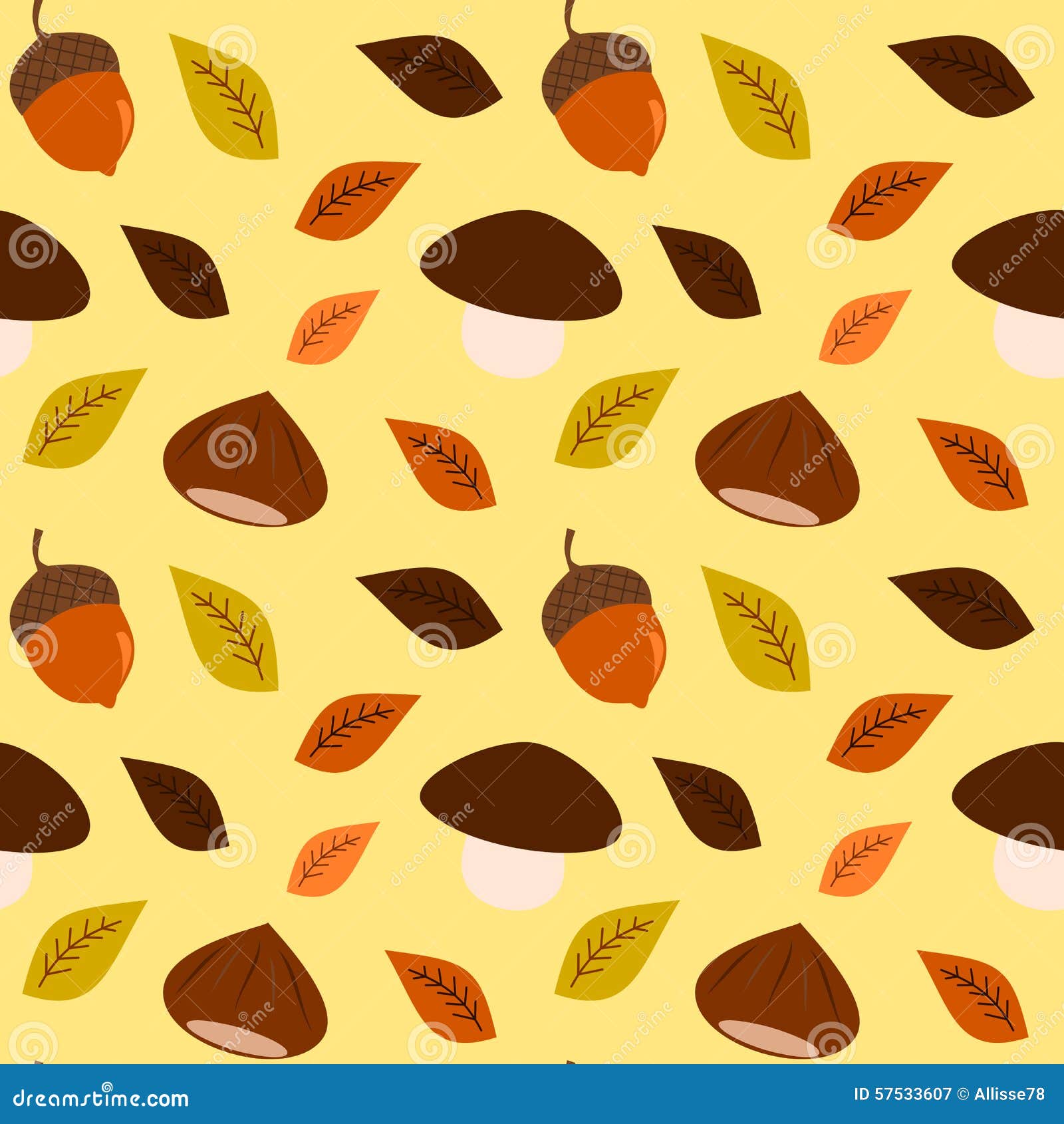 Season Autumn Fall Background with Chestnut Acorn and Mushroom Seamless ...