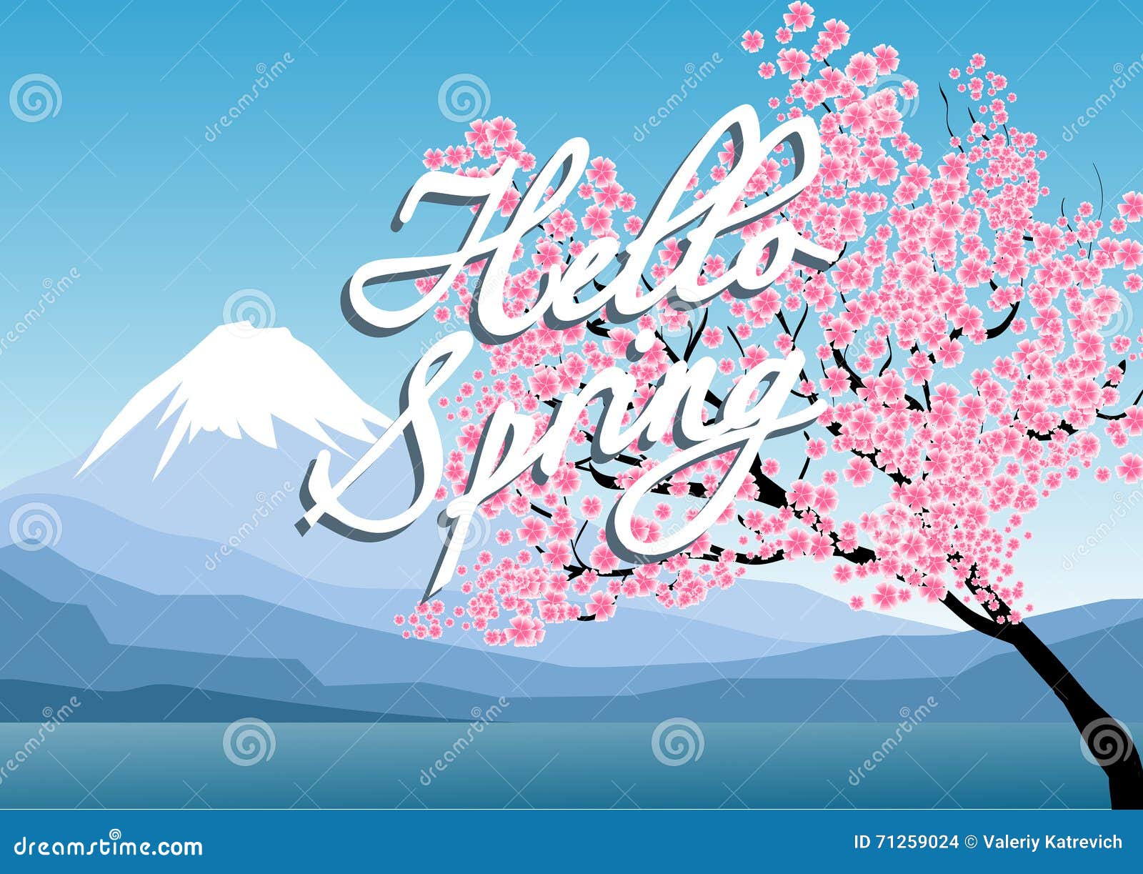 Season Sakura Mount Fuji Background, Hello Spring Lettering. Vector ...