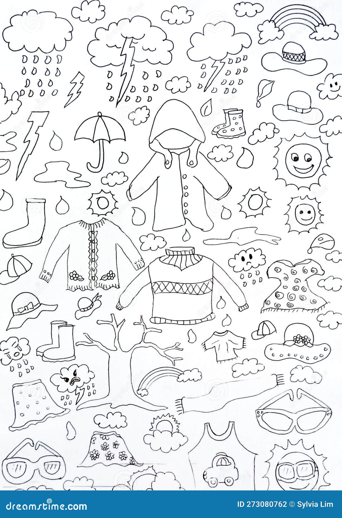 Season and Weather Doodle Outline Hand Drawing Stock Photo - Image of ...