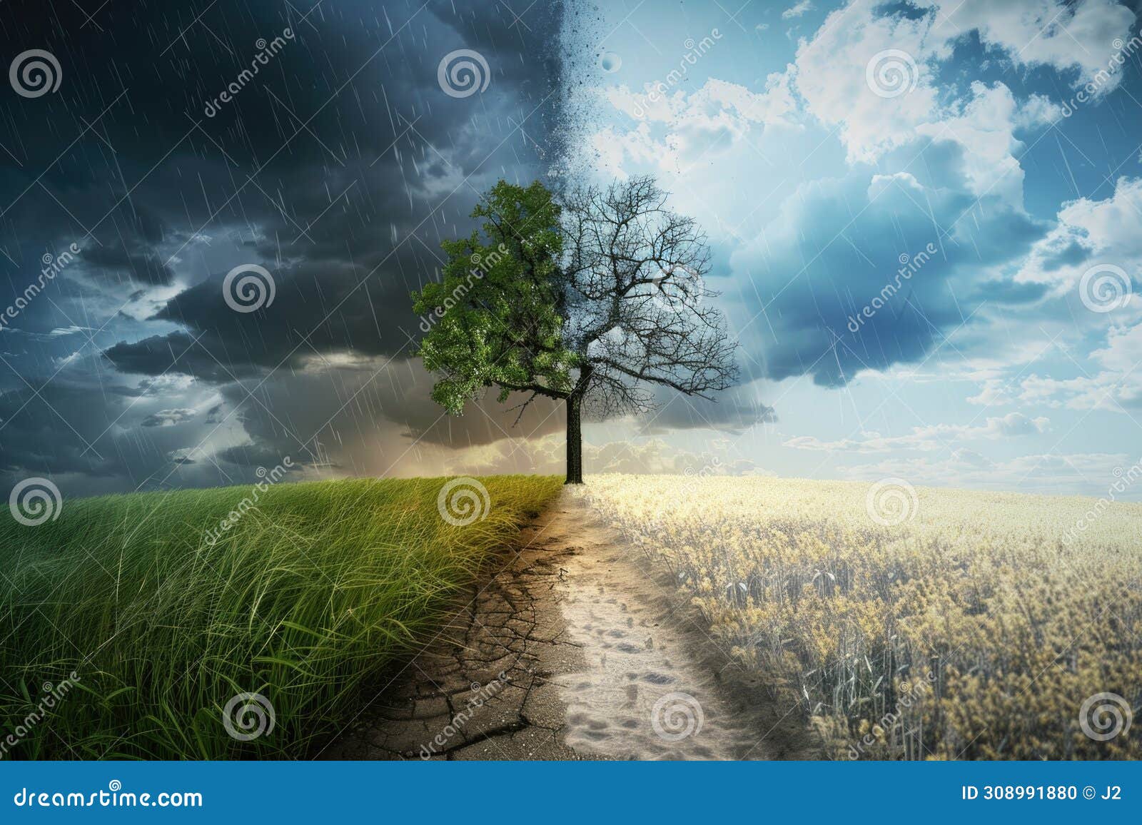 Seasonal Duality: Tree at the Cusp of Summer and Winter Stock Photo ...