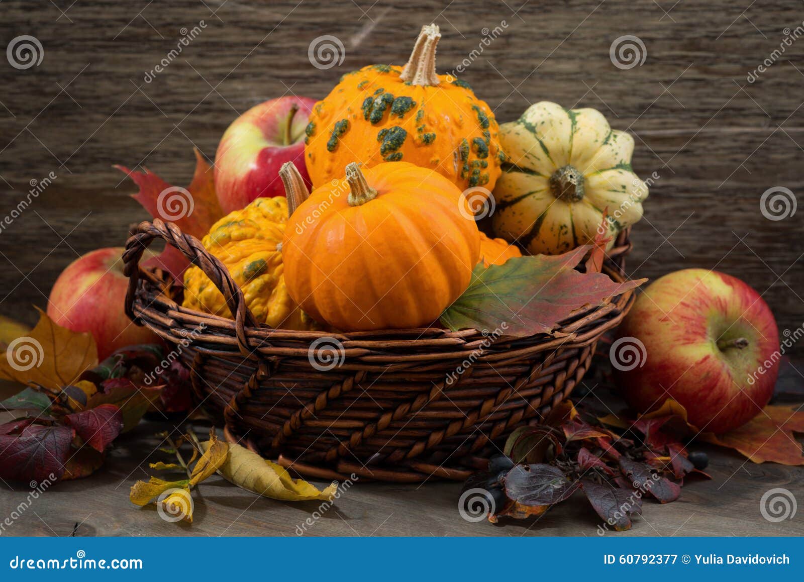 Seasonal Pumpkins and Apples in the Basket on Table Stock Image - Image ...