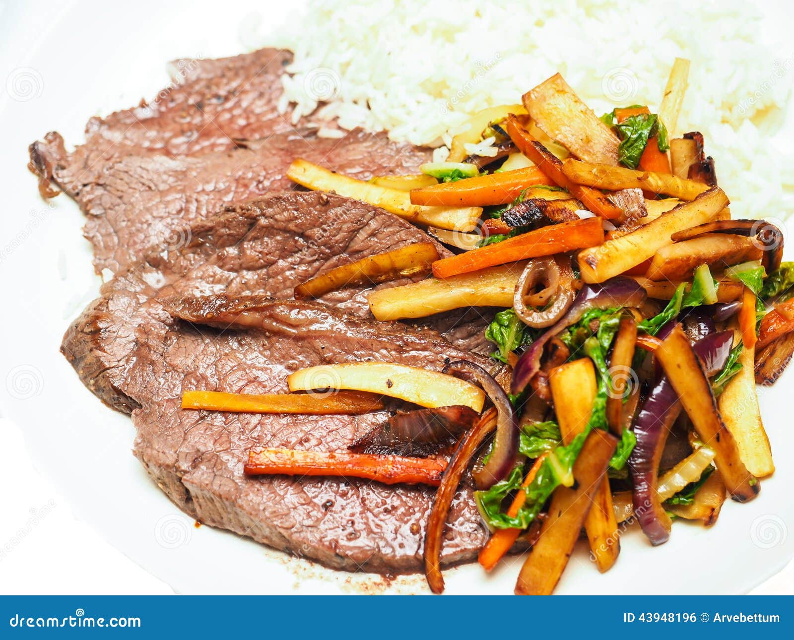 Seasond and Fried Steak with Rice and Vegetables Stock Photo - Image of ...