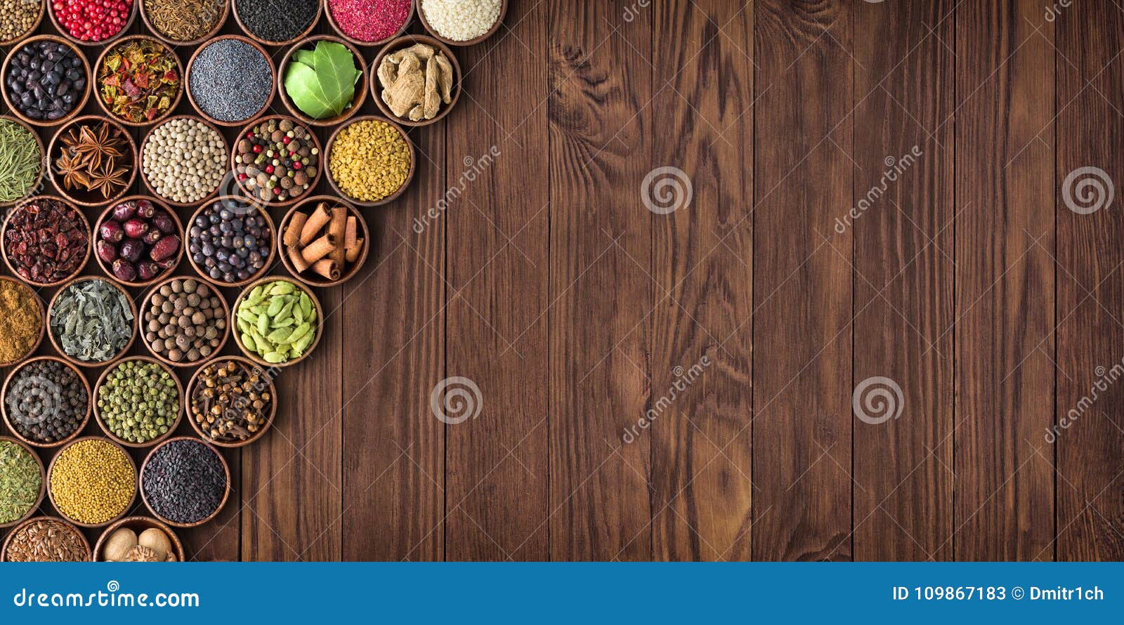 Large Set of Spices on a Wooden Table, Top View Stock Image - Image of ...