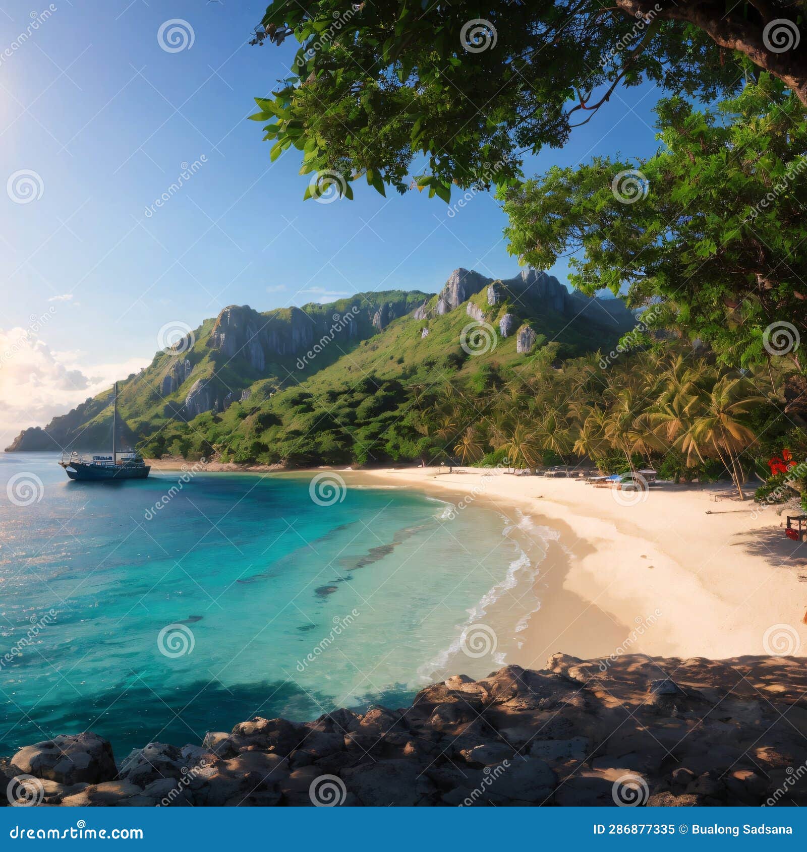 Seaspace Panorama. Boat on the Foreground Made with Generative AI Stock ...