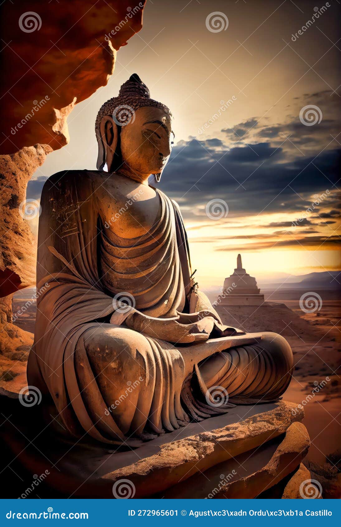 Seated Buddha Looking at the Sun at Dawn. Ia Generative. Stock ...