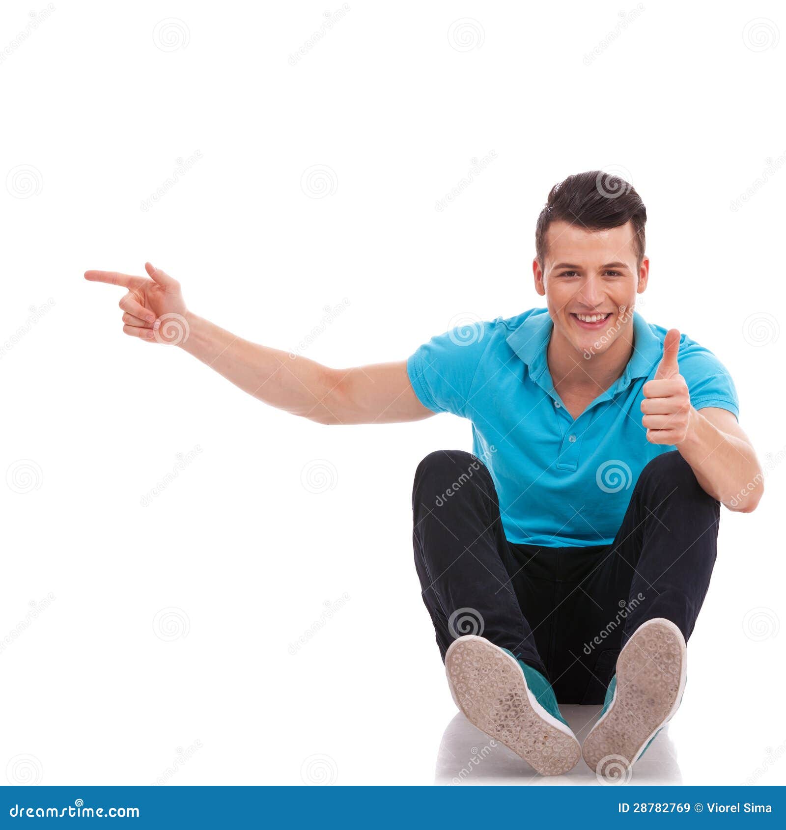 Seated Man Pointing and Thumbs Up Stock Image - Image of pointing, male ...