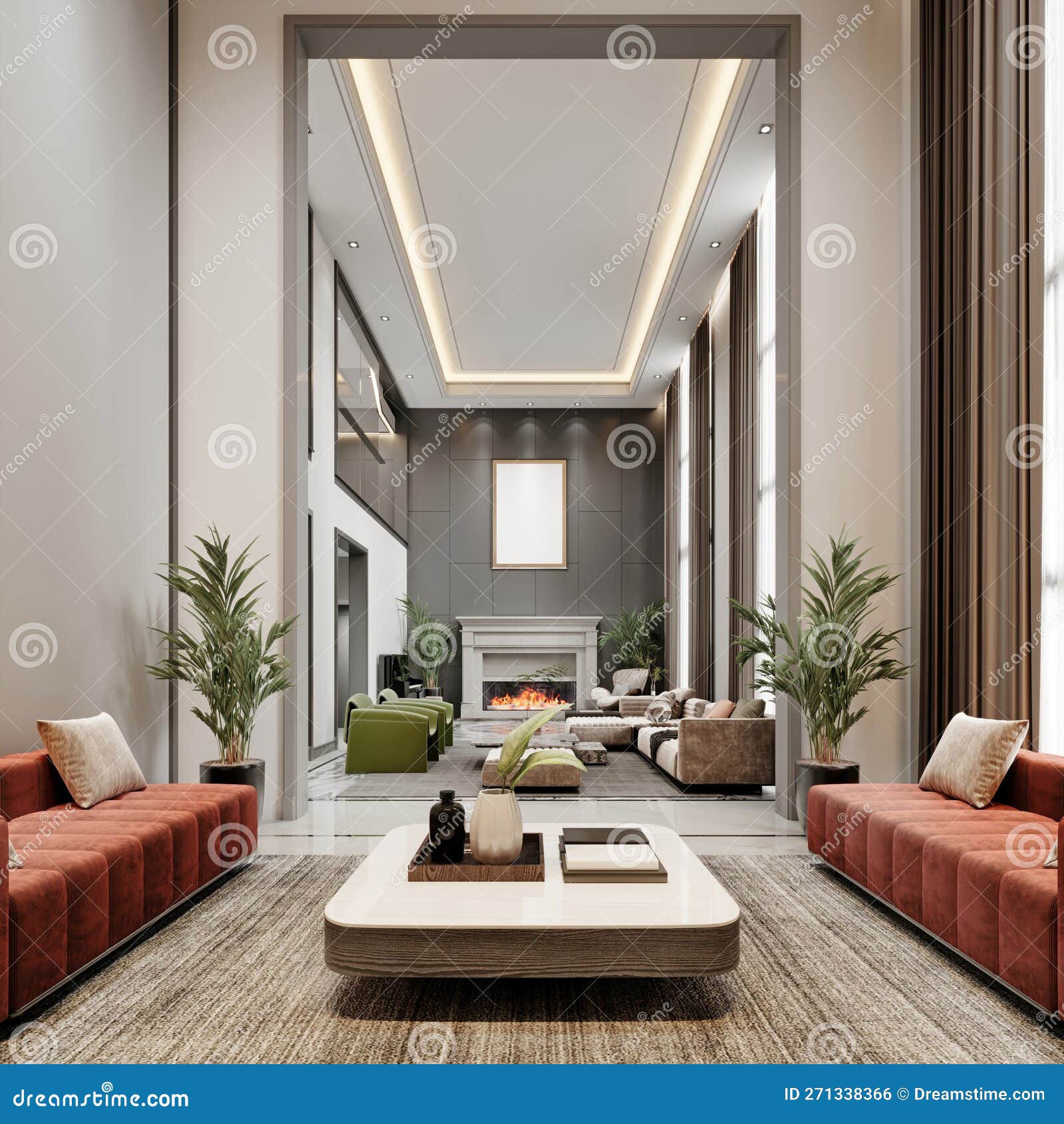 Seating Area with Terracotta Upholstered Sofas with High Ceilings and ...