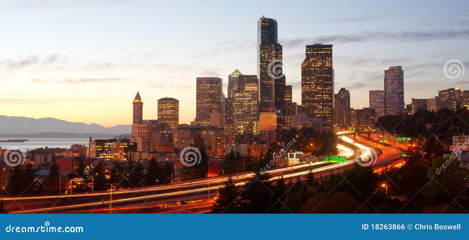 Seattle Skyline Buildings Lights Dusk Stock Photo - Image of cities ...