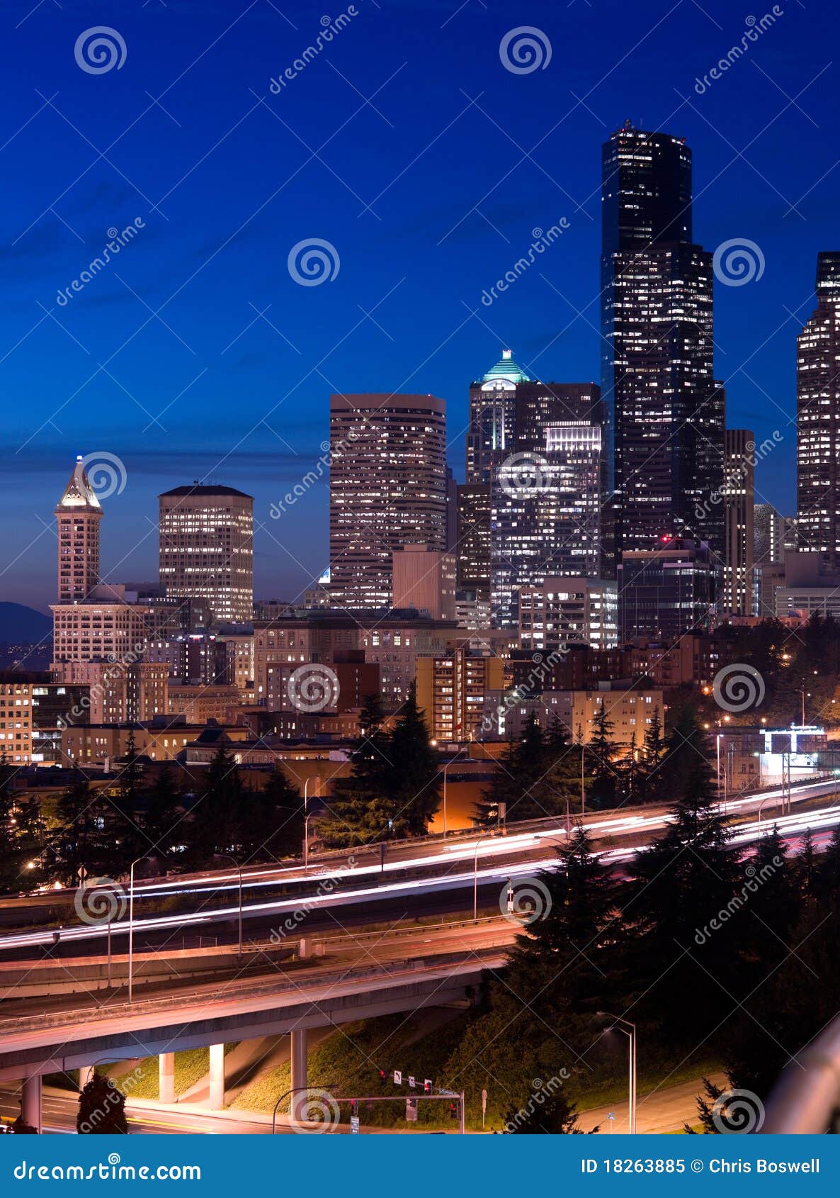Seattle Smith Tower Buildings Highway Night Stock Image - Image of ...