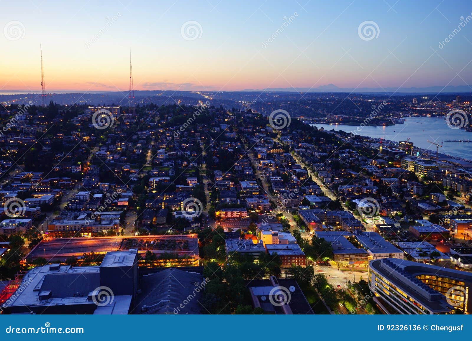 Seattle city sun set stock photo. Image of attraction - 92326136