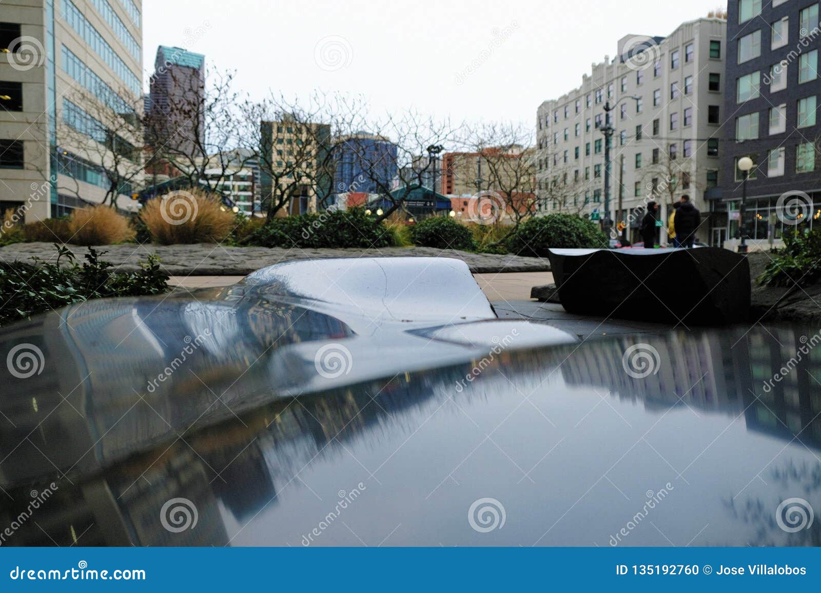 Seattle Cityscape: Distorted Reflection on a Black Surface. Stock Photo ...