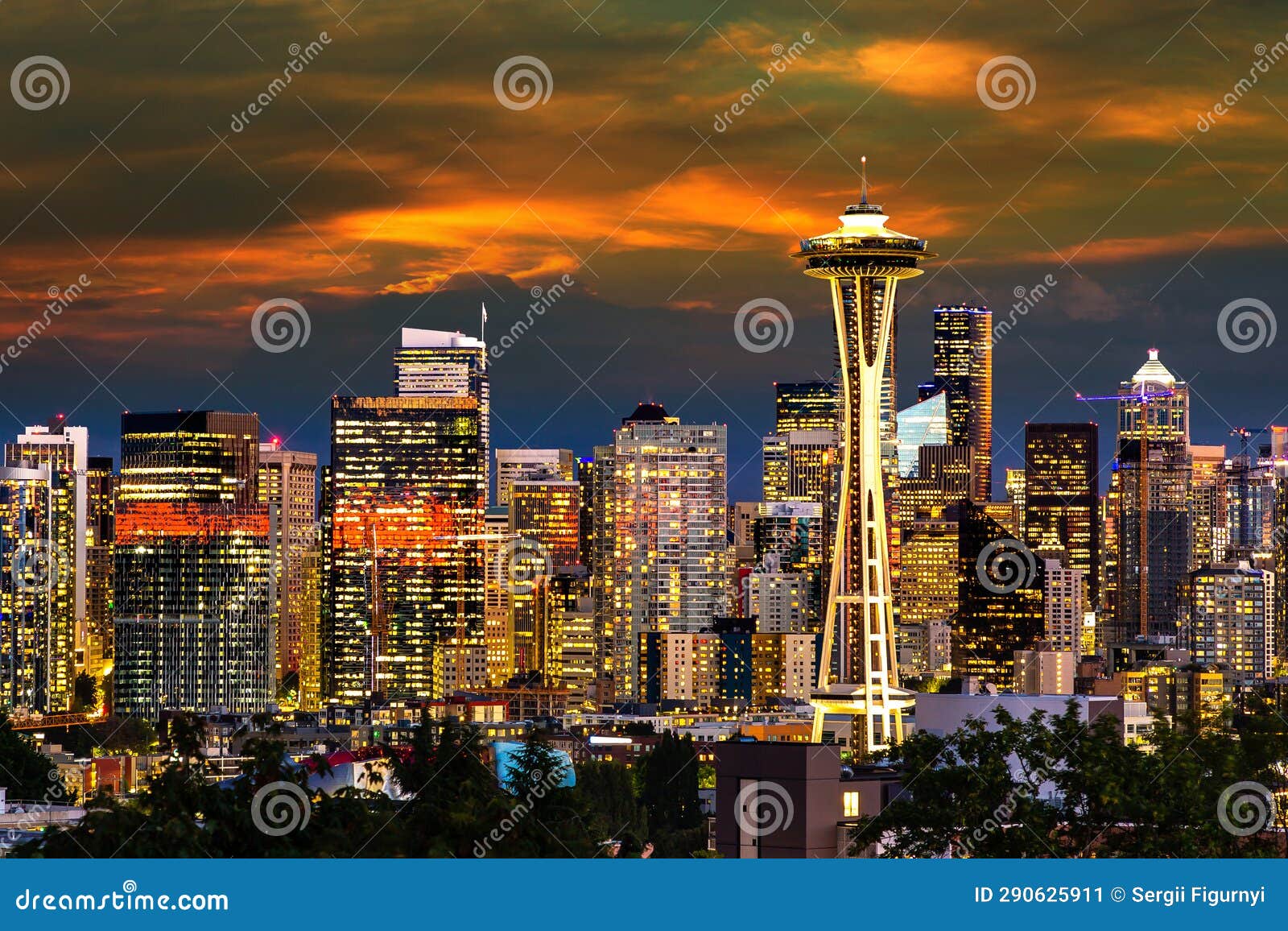 Seattle Cityscape and Space Needle Stock Image - Image of illuminated ...