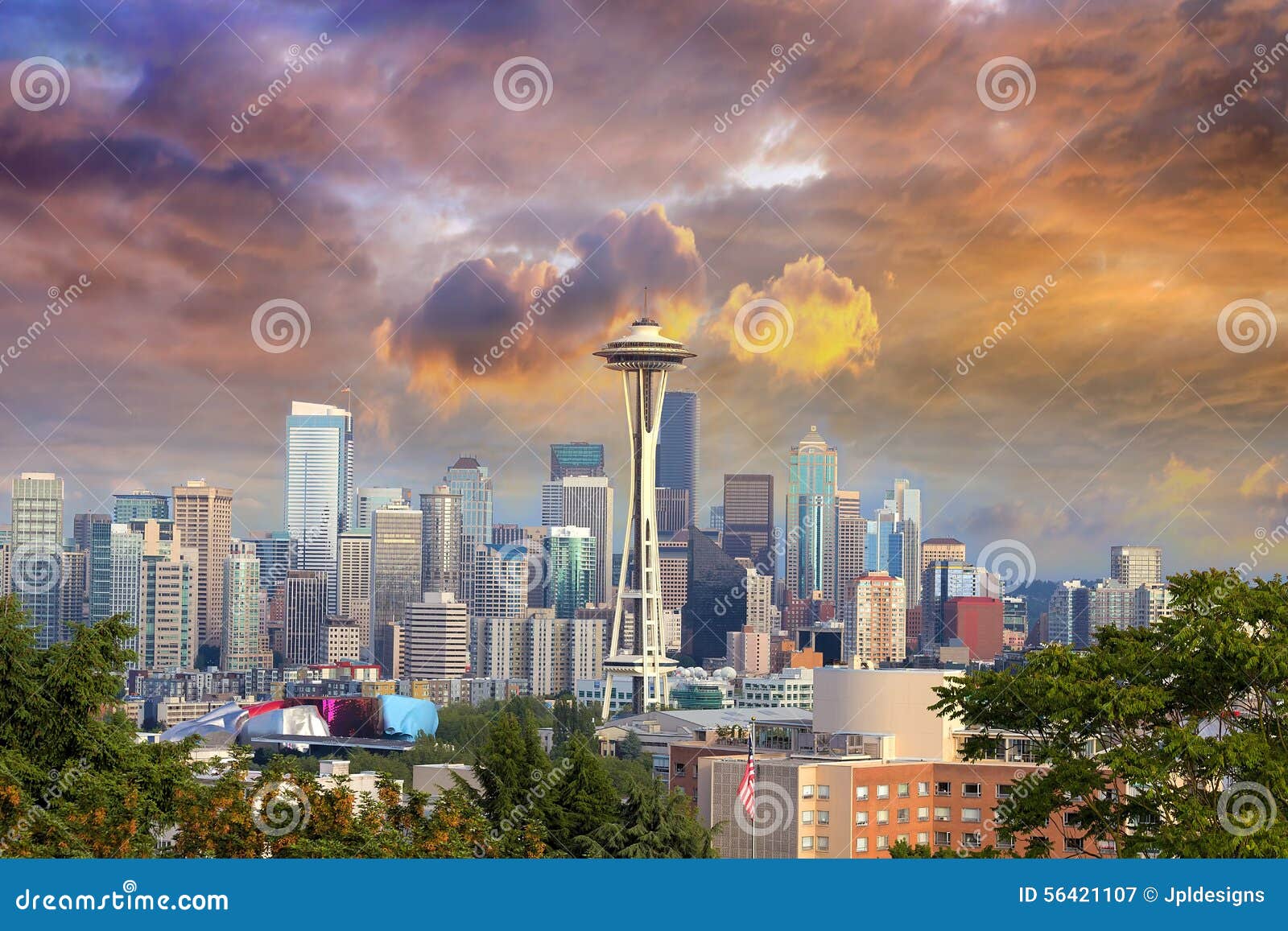 Seattle Cityscape with Stormy Sky Editorial Photography - Image of ...