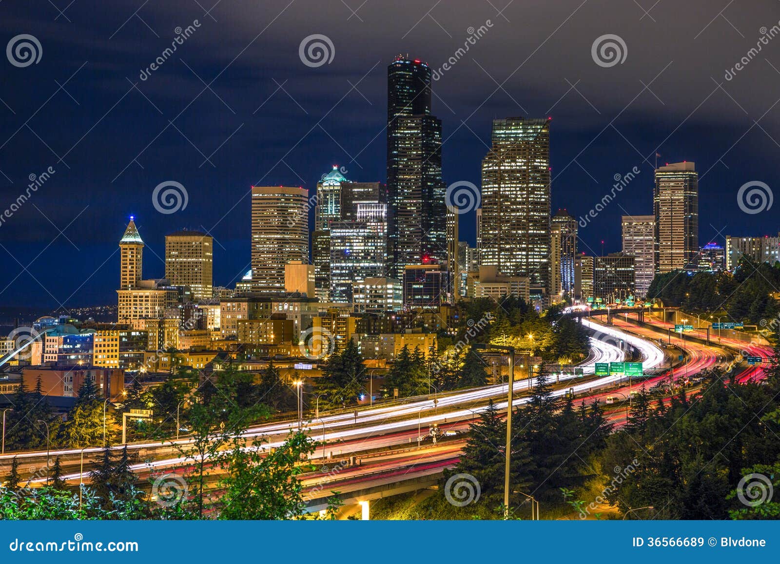 Seattle Downtown Night Long Exposure Stock Image - Image of night ...