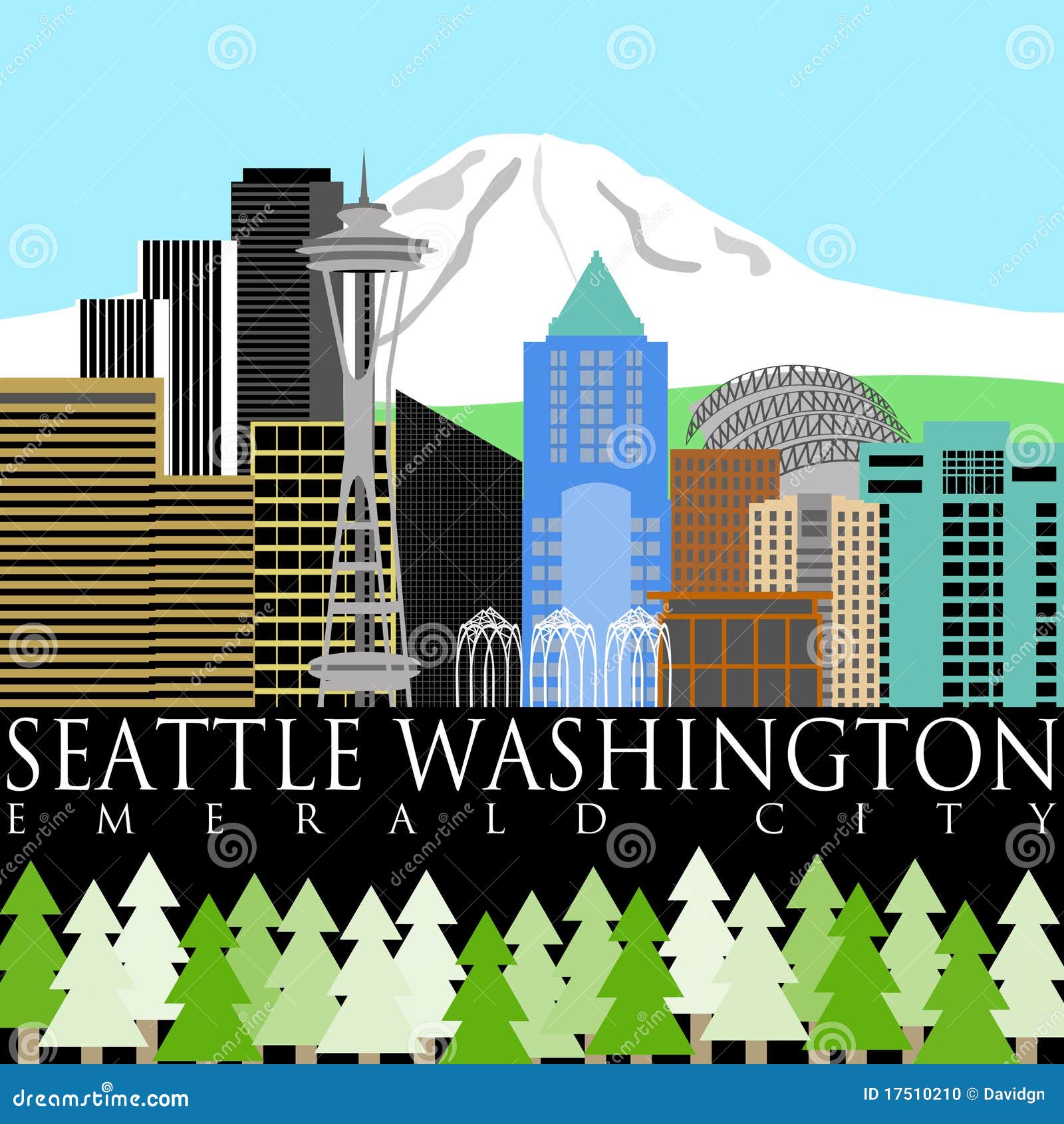 Seattle Downtown Skyline with Mount Rainier Color Stock Illustration ...