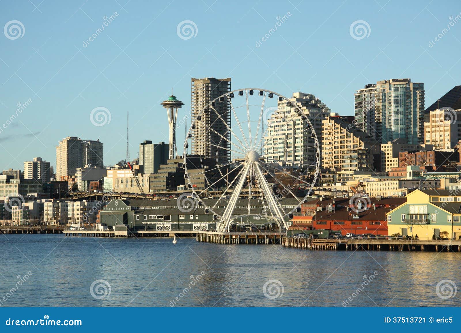 Seattle Downtown, Space Needle, Great Wheel. Stock Image - Image of ...