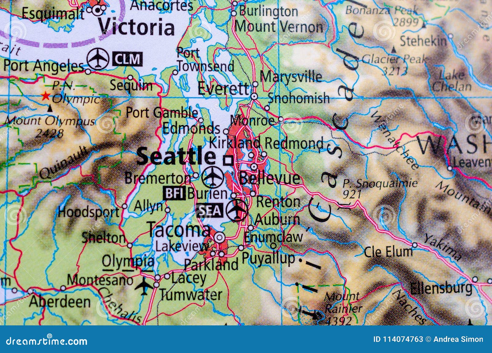 Seattle en mapa imagen de archivo. Imagen de direcciones - 114074763