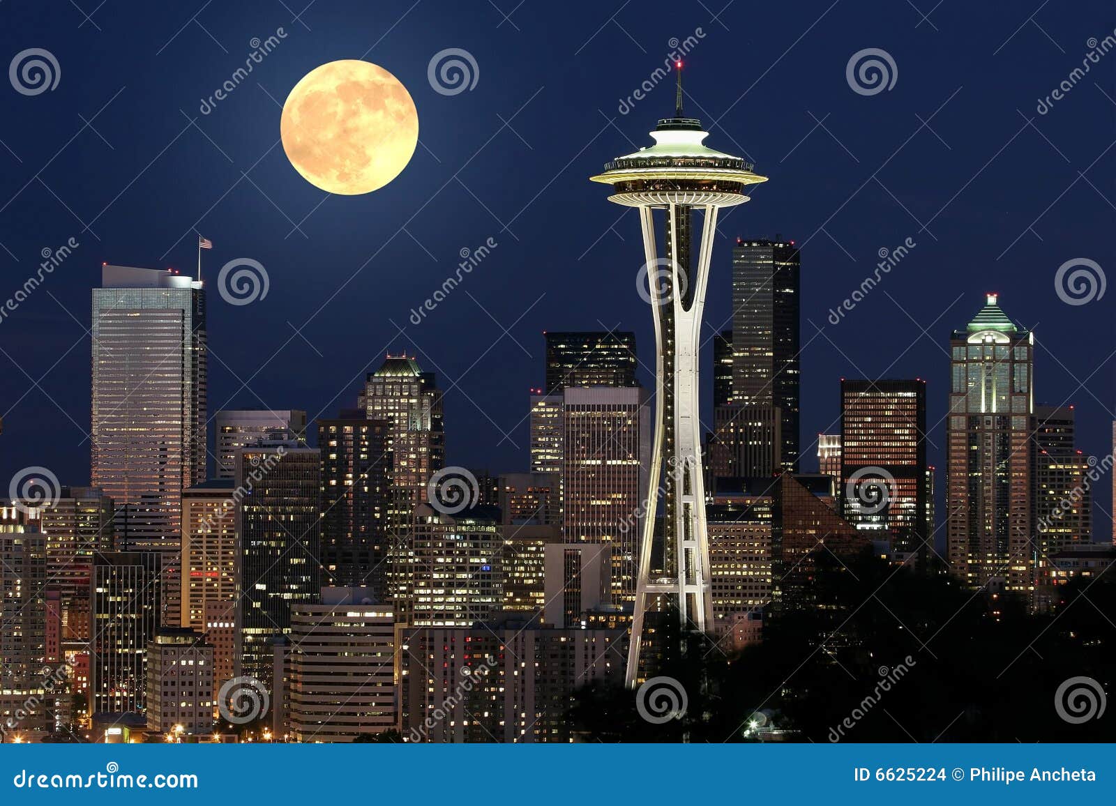 Seattle and Full moon #2 stock photo. Image of scenic - 6625224