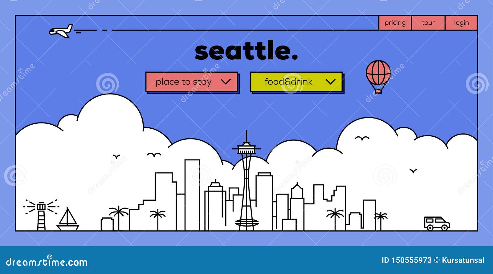 Seattle Modern Web Banner Design with Vector Linear Skyline Stock ...