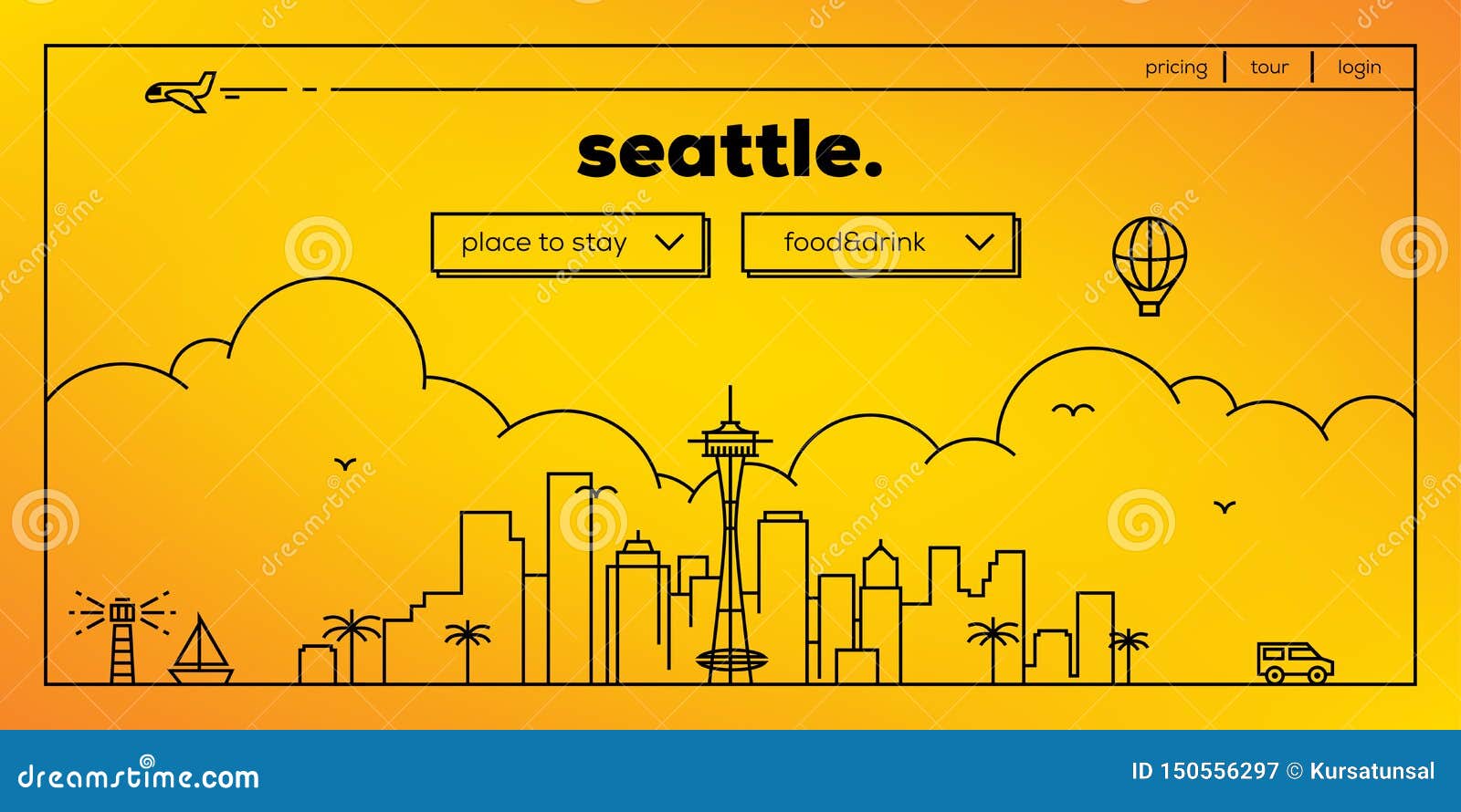 Seattle Modern Web Banner Design with Vector Linear Skyline Stock ...