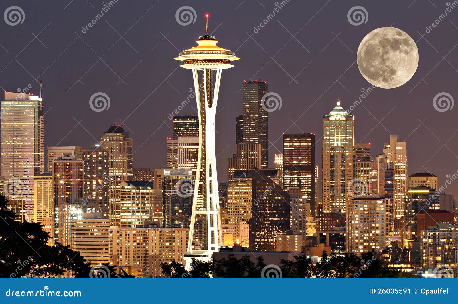 Seattle at night with moon stock image. Image of skyline - 26035591