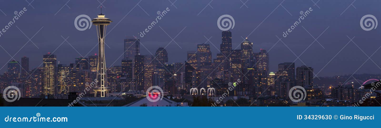 Seattle panorama at dusk. stock photo. Image of centers - 34329630