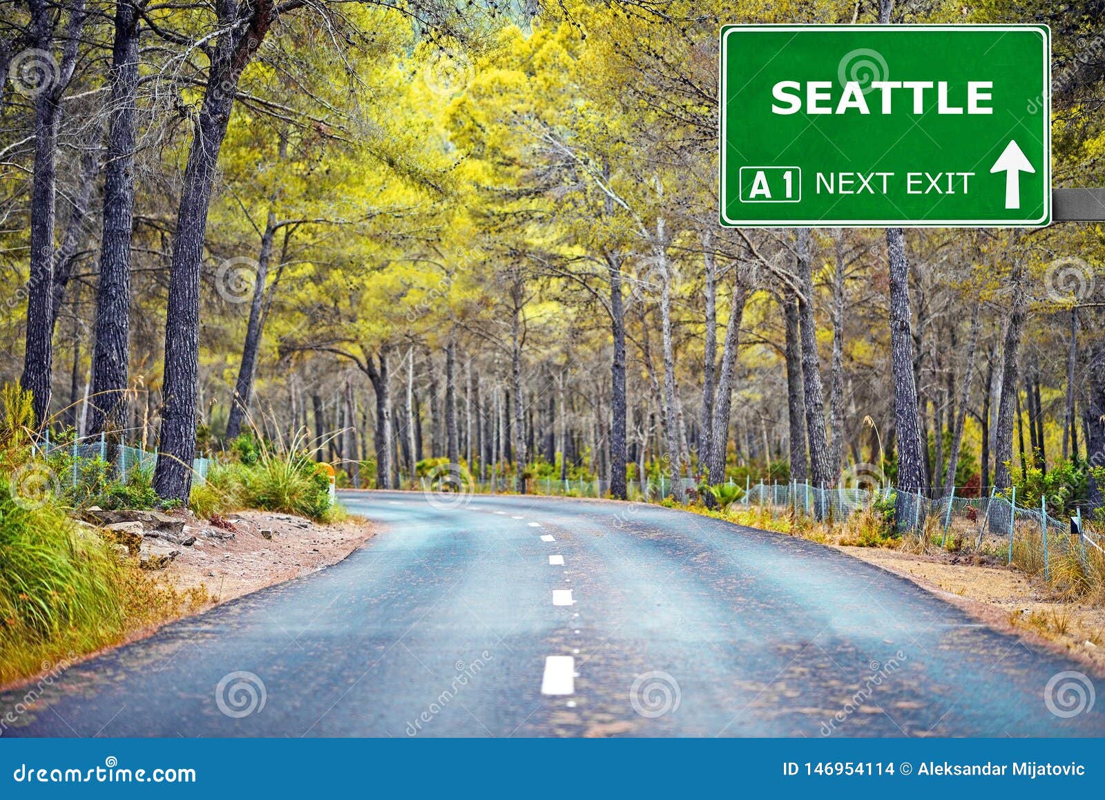 SEATTLE Road Sign Against Clear Blue Sky Stock Photo - Image of path ...