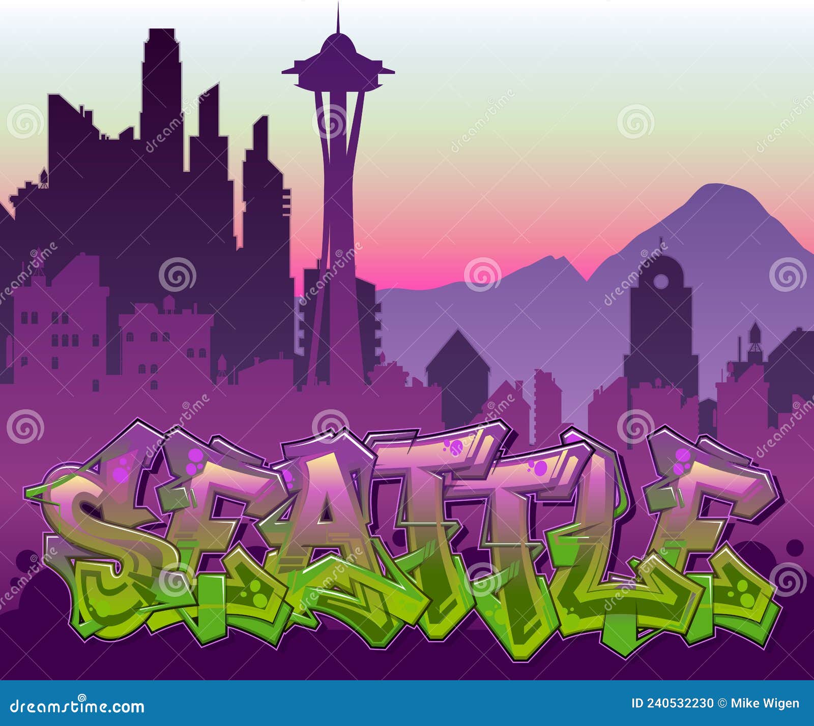 Seattle Silhouette Skyline Backdrop with Graffiti Logotype Stock Vector ...