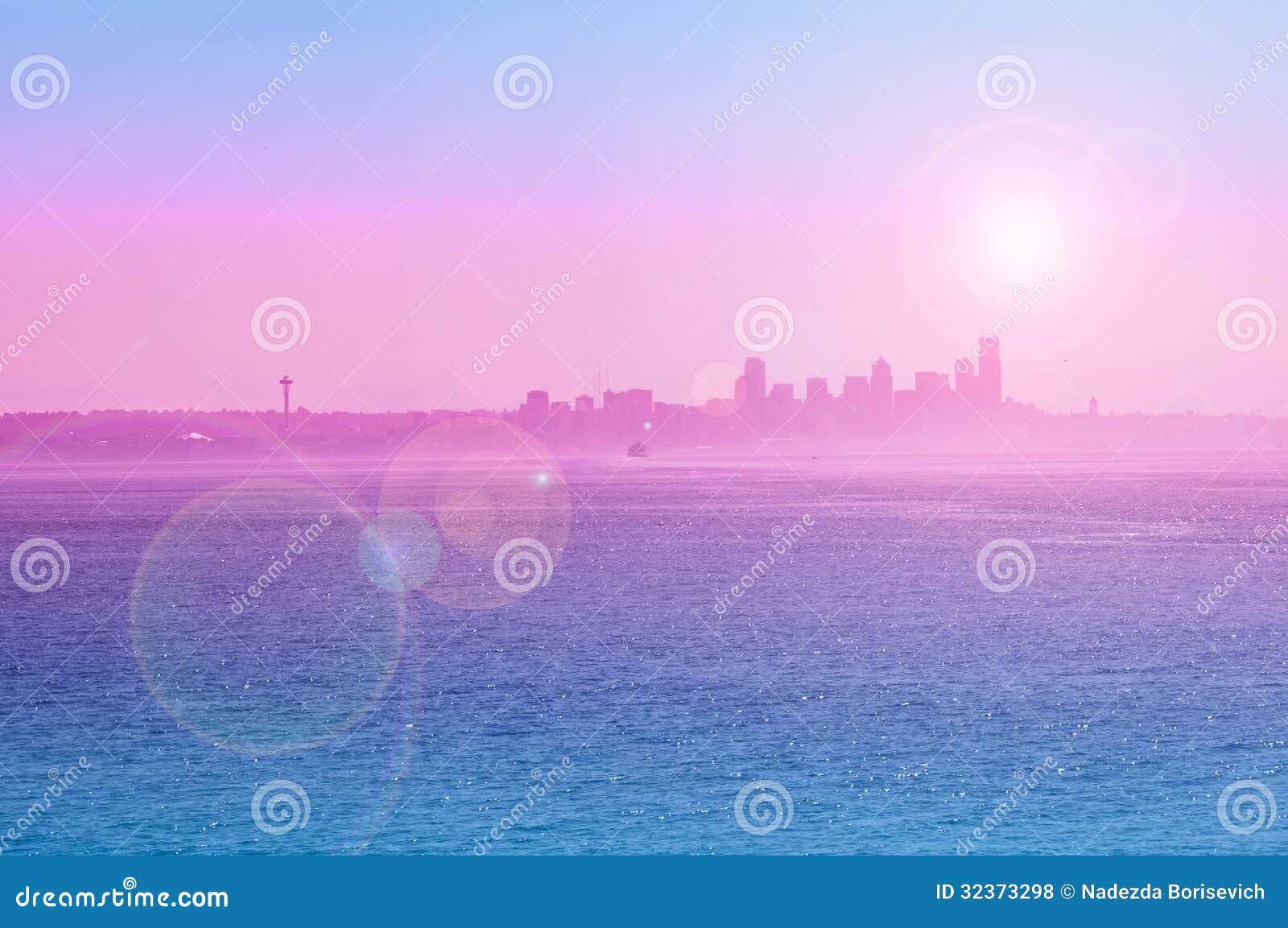 Seattle Silhouette View with Sun Flare Stock Photo - Image of flare ...