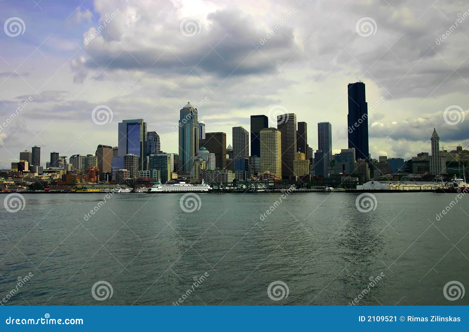 Seattle Skyline with Docked Ferry Stock Image - Image of great, scenic ...