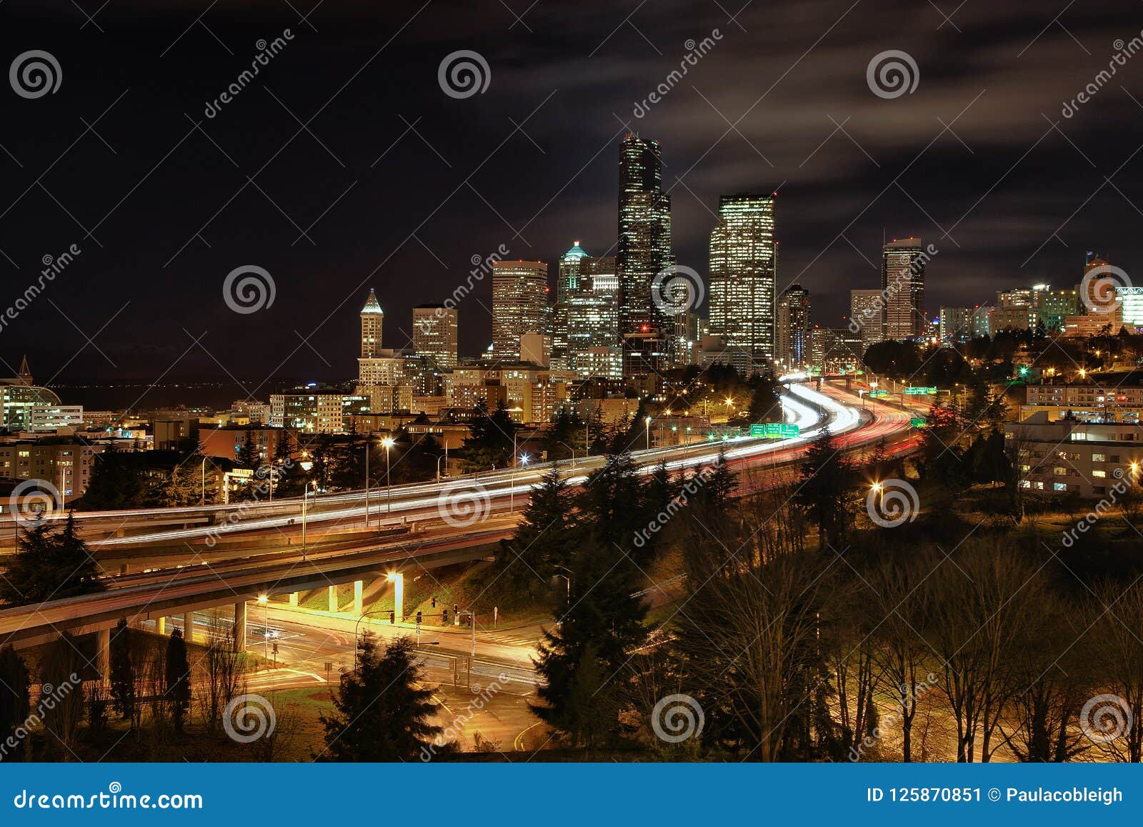 Seattle Skyline and Interstate during Rush Hour Traffic Stock Image ...
