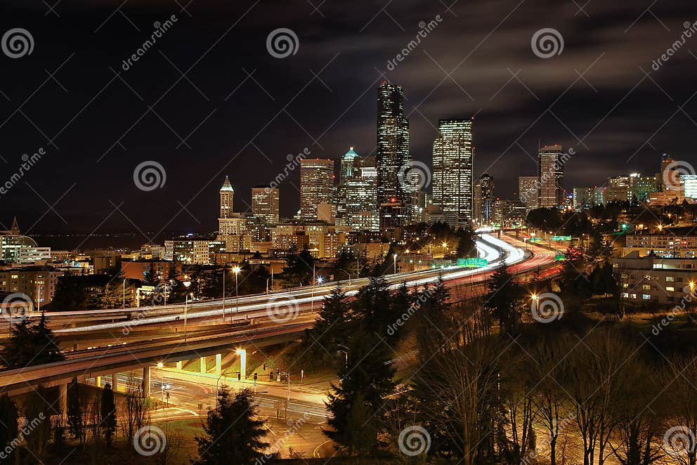 Seattle Skyline and Interstate during Rush Hour Traffic Stock Image ...