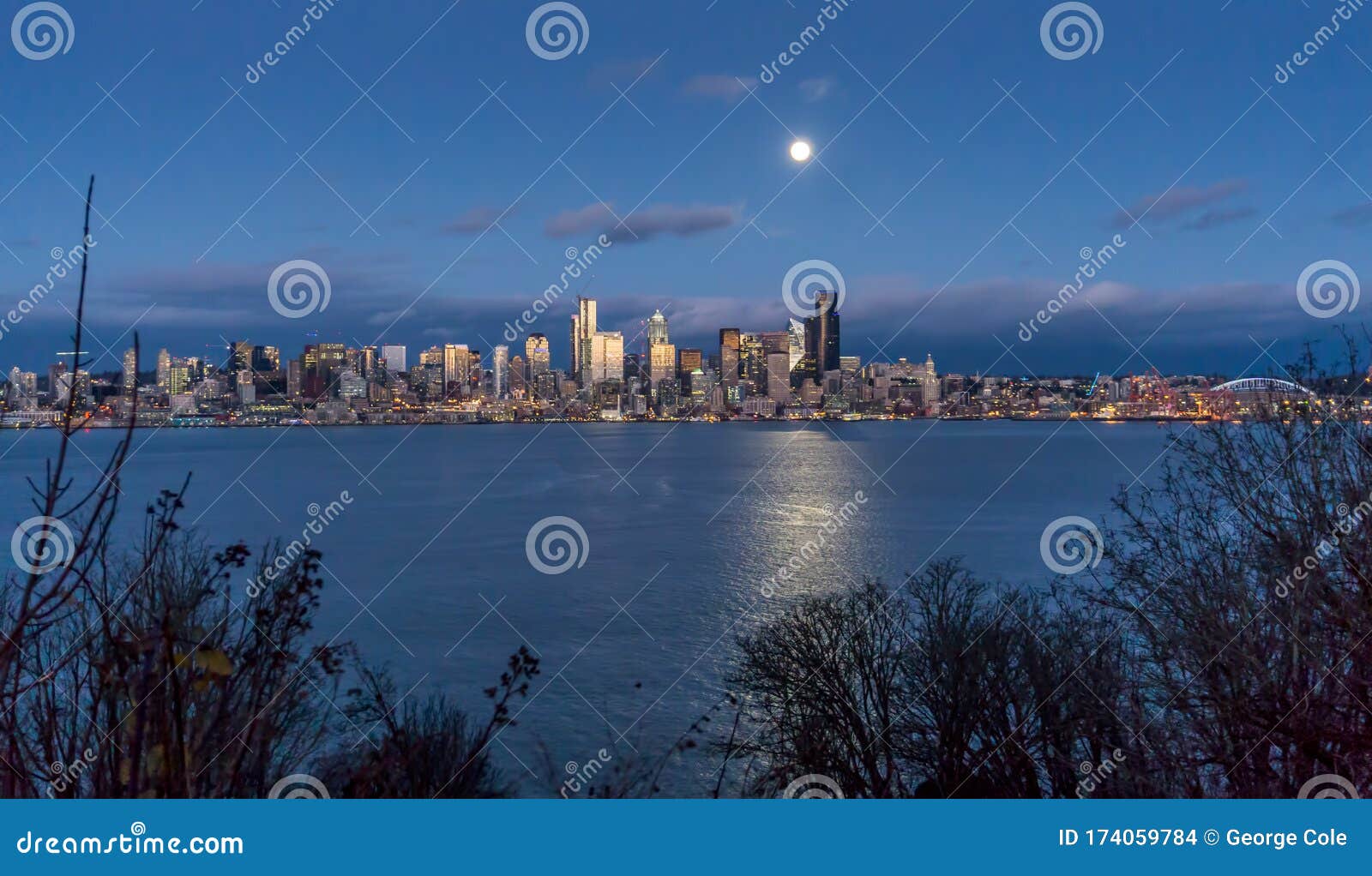 Seattle Skyline and Moon 5 stock photo. Image of buildings - 174059784