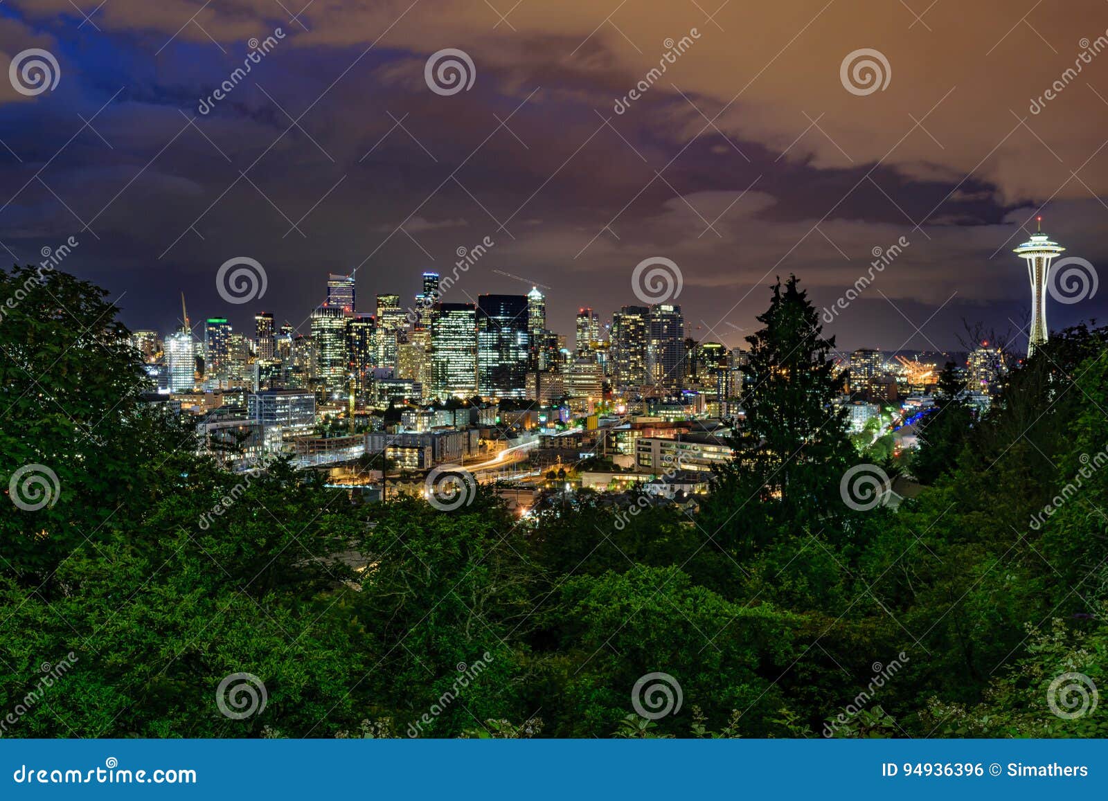 Seattle Skyline at Night stock photo. Image of needle - 94936396